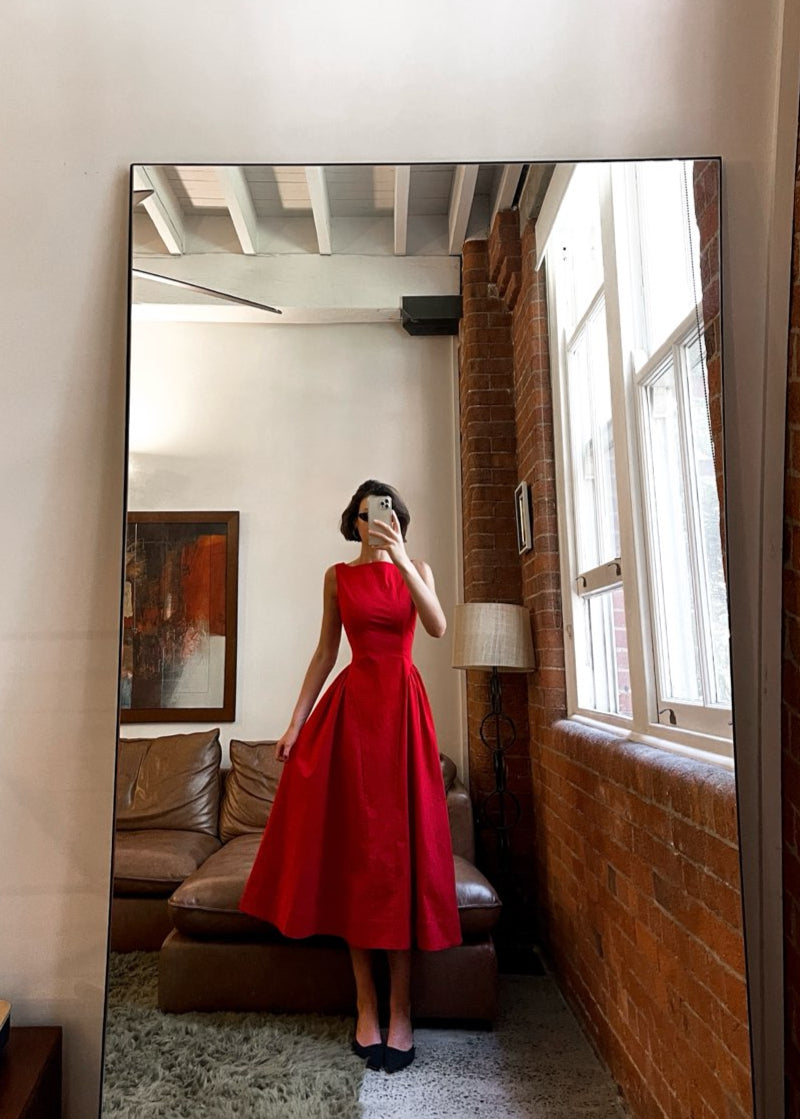 Jacqueline Dress - Red | High Boat Neck Vintage Stretch Cotton Sateen ...