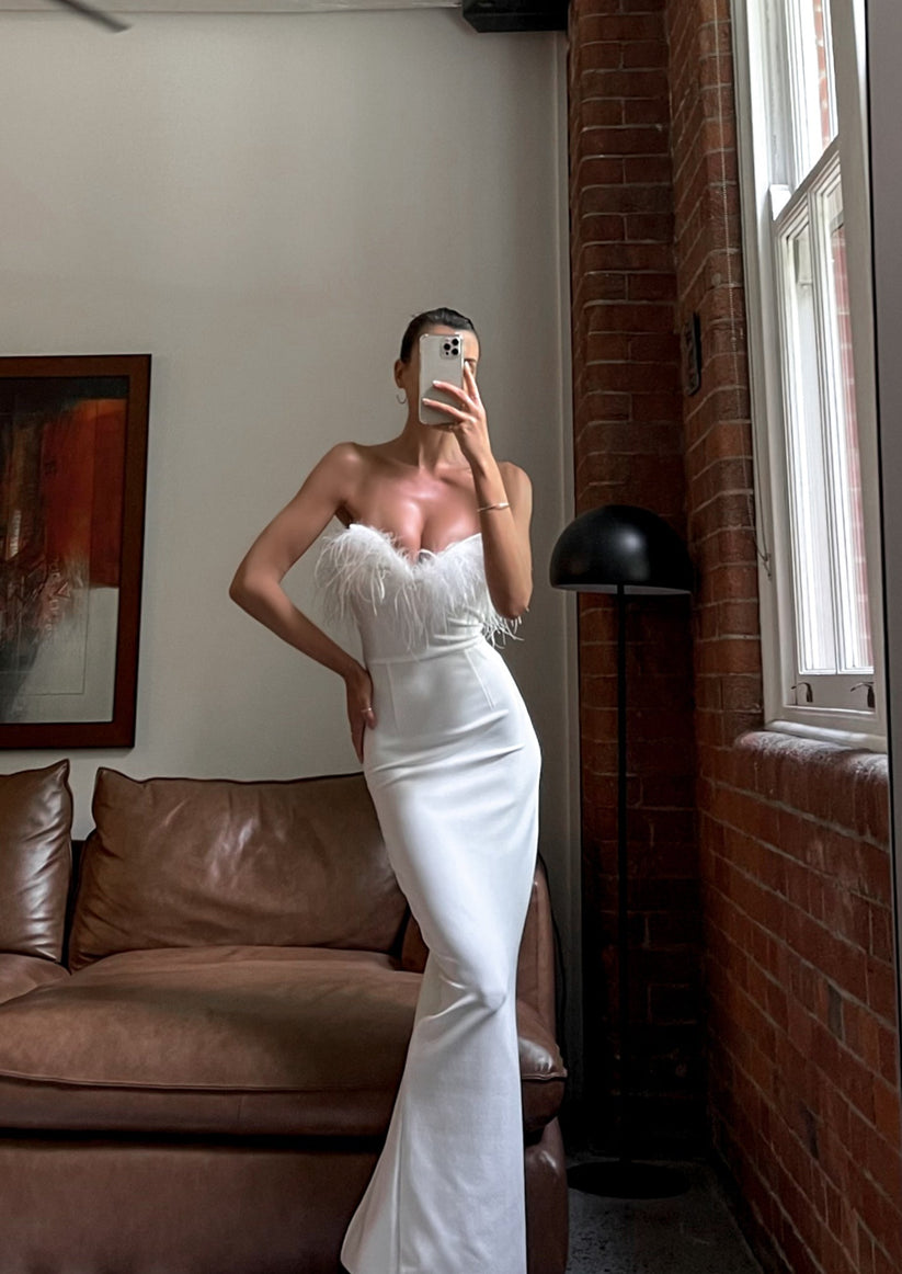 Alessandra Dress - White | Feather Strapless Maxi Gown Dress – Yojani ...