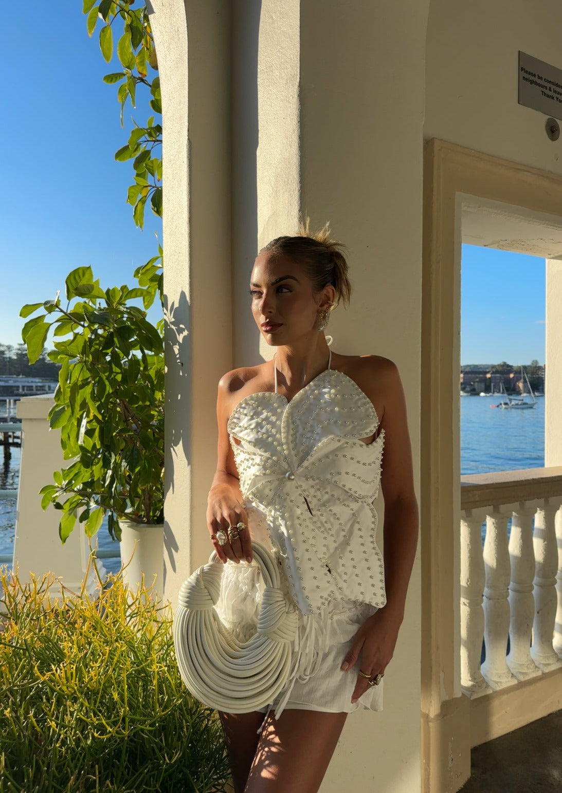 Jacques Top - White | Studded Halter Backless Pearl Flower Top – Yojani ...